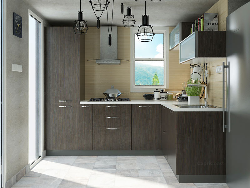Agusti L Shaped Modular Kitchen with Wood Grain Finish | HomeLane