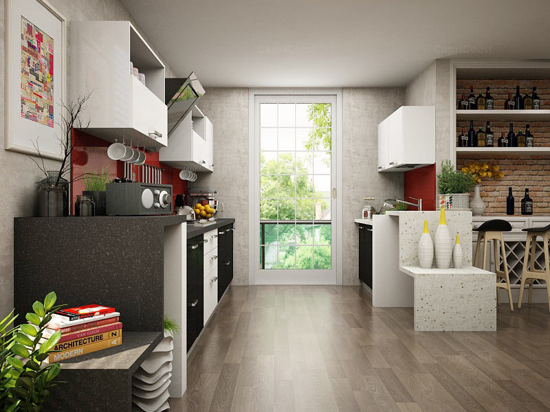 Sleek Lando Modular Kitchen in Frosty White with Black Accents | HomeLane