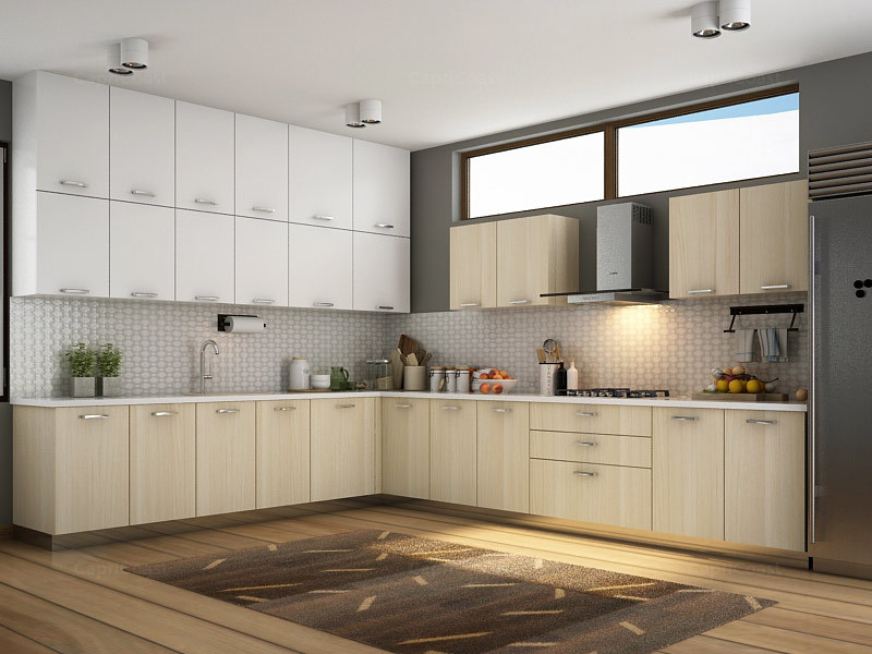 Aileen L Shape Modular Kitchen in Creamy White & Chestnut | HomeLane