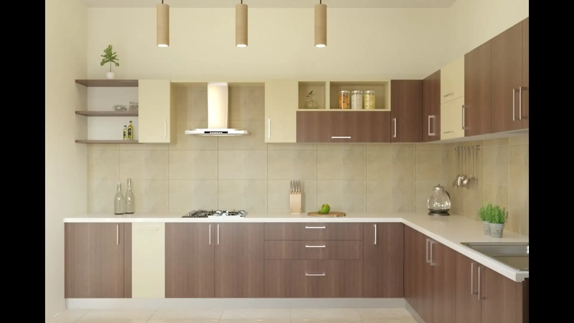 Modular Kitchen Design in Brazilian Walnut and Champagne Finish | HomeLane