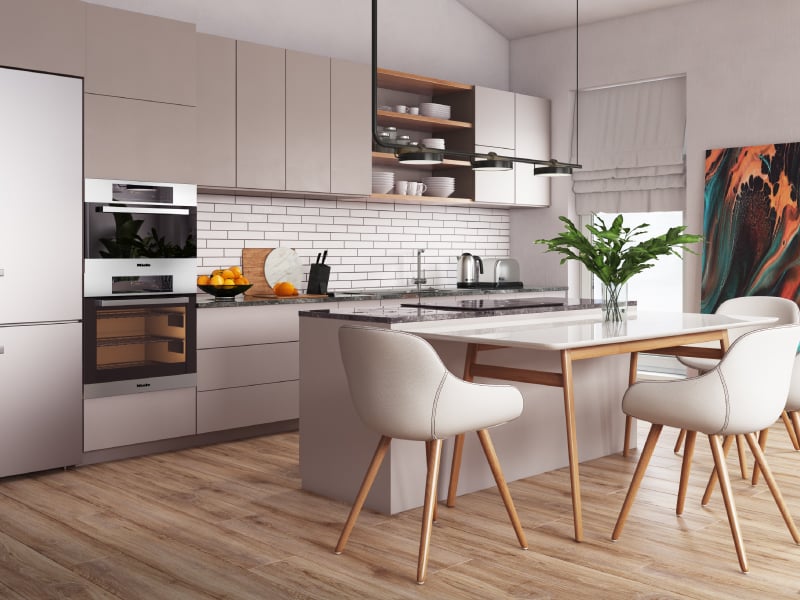 Bright Buttercream Modular Kitchen Design with Island | HomeLane