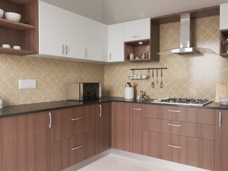 Burnt Umber L Shape Modular Kitchen Design With Storage | HomeLane