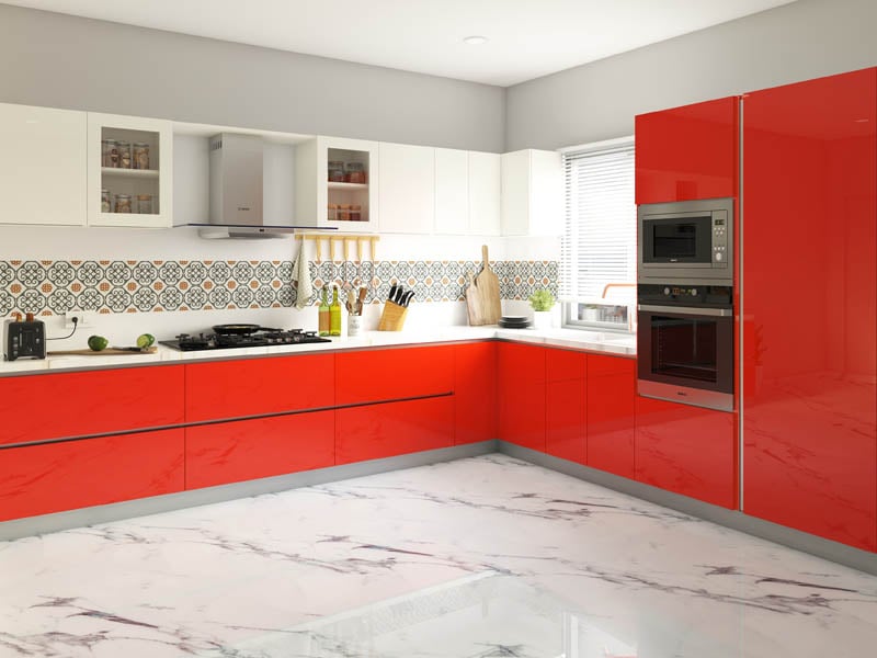 Carnival Red L Shape Modular Kitchen Design with White Accents | HomeLane