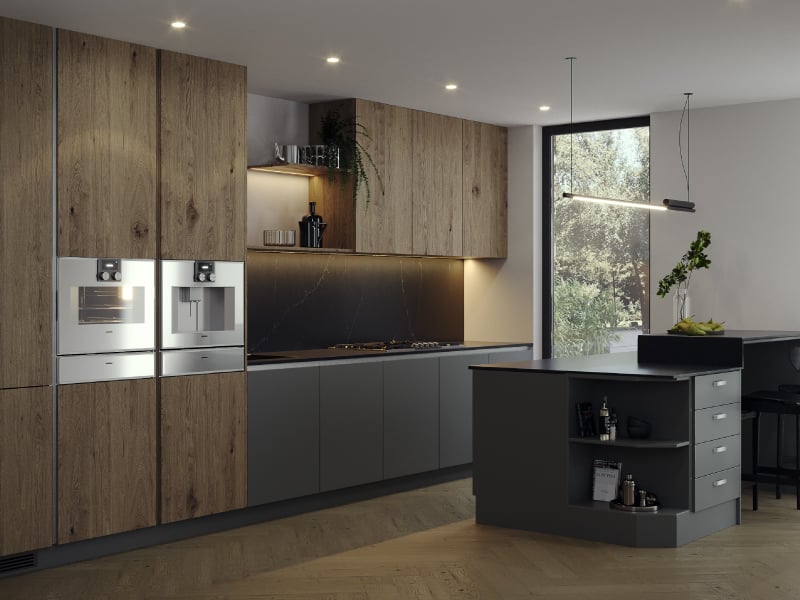 Dark Elegance Kitchen Design with Modular Wood Cabinets | HomeLane