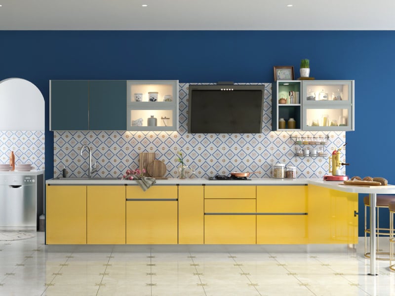 Vibrant Modular Kitchen Design with Open Shelves and Storage | HomeLane