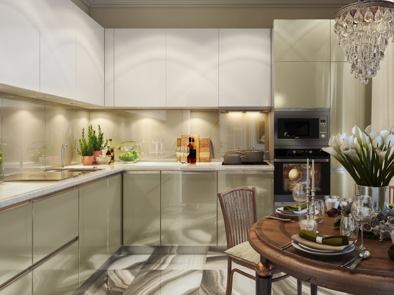Elegant Ecru modular kitchen design in L shaped layout | HomeLane