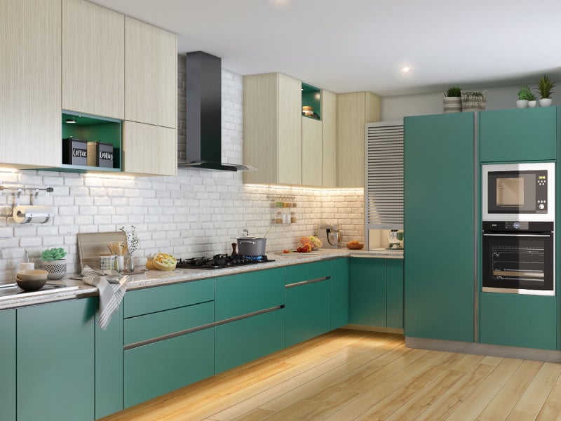 Green L Shape Modular Kitchen Design with Smart Storage Space | HomeLane