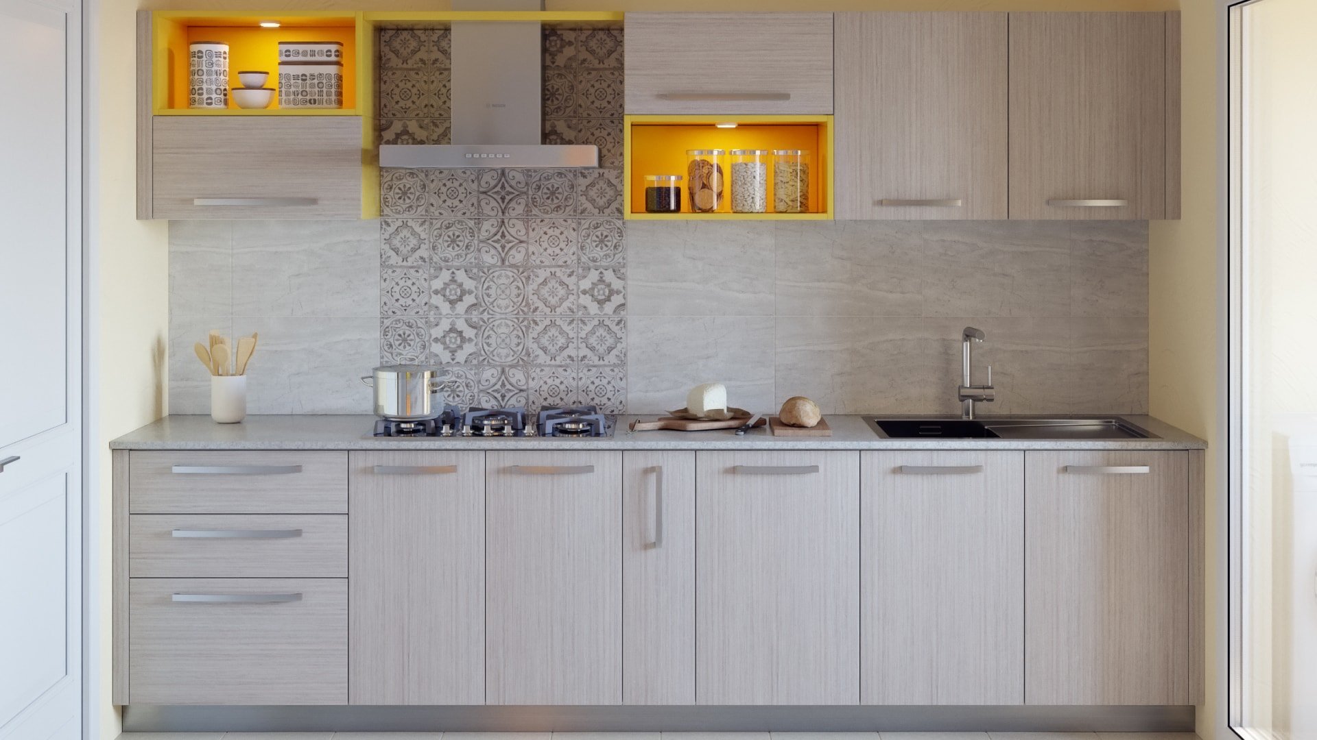 Marigold Parallel Modular Kitchen Design with Bright Accents | HomeLane