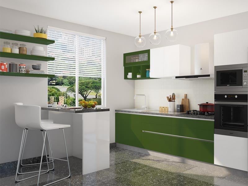 Green Straight Modular Kitchen Design with Breakfast Bar | HomeLane