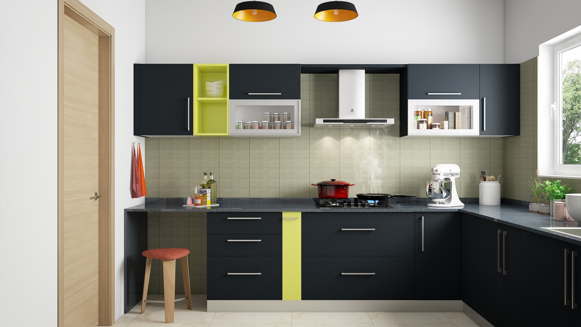 Vibrant Pop Theme L?Shaped Modular Kitchen in Matte Black | HomeLane