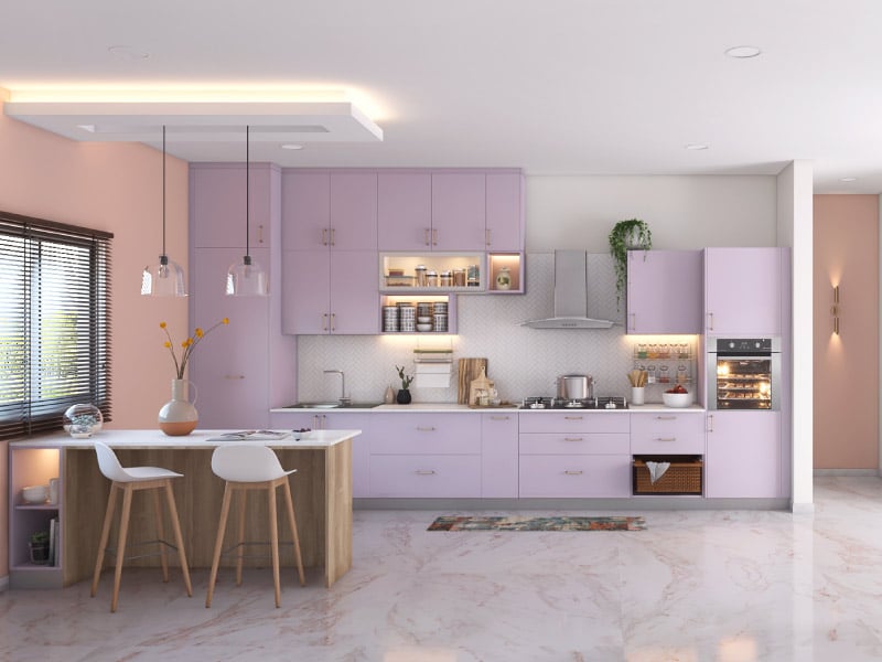 Lavender Modular Kitchen Design with Sleek Straight Layout | HomeLane