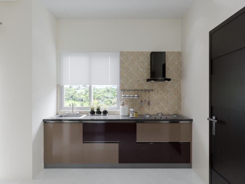 Coffee Themed Straight Modular Kitchen Design in Brown Tone | HomeLane