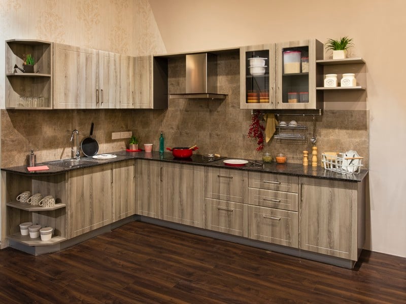 Vintage L Shape Modular Kitchen Design with Wood Finish | HomeLane